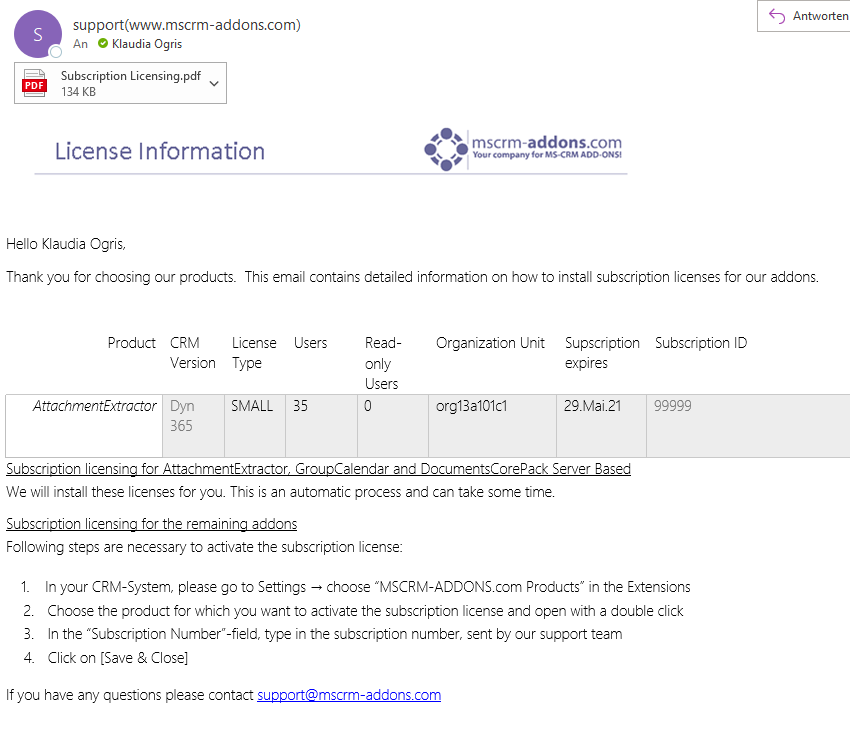 AttachmentExtractor - How to install license with subscription number/ID
