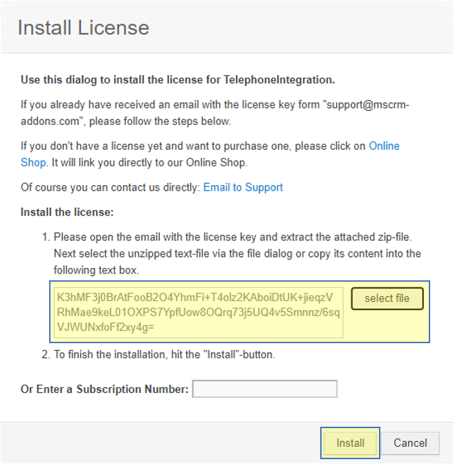 TelephoneIntegration - How to install the license key for perpetual License